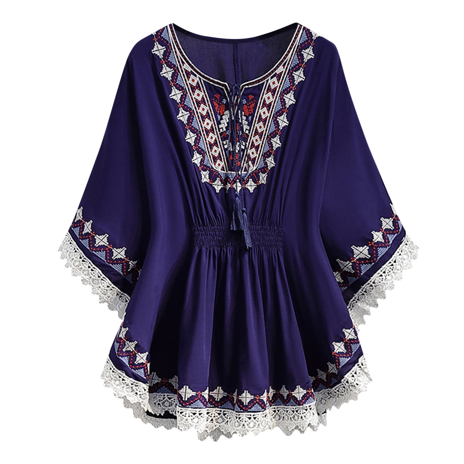 ameIAEA Women's Casual V Neck Drawstring Shirts Embroidery Vintage ...