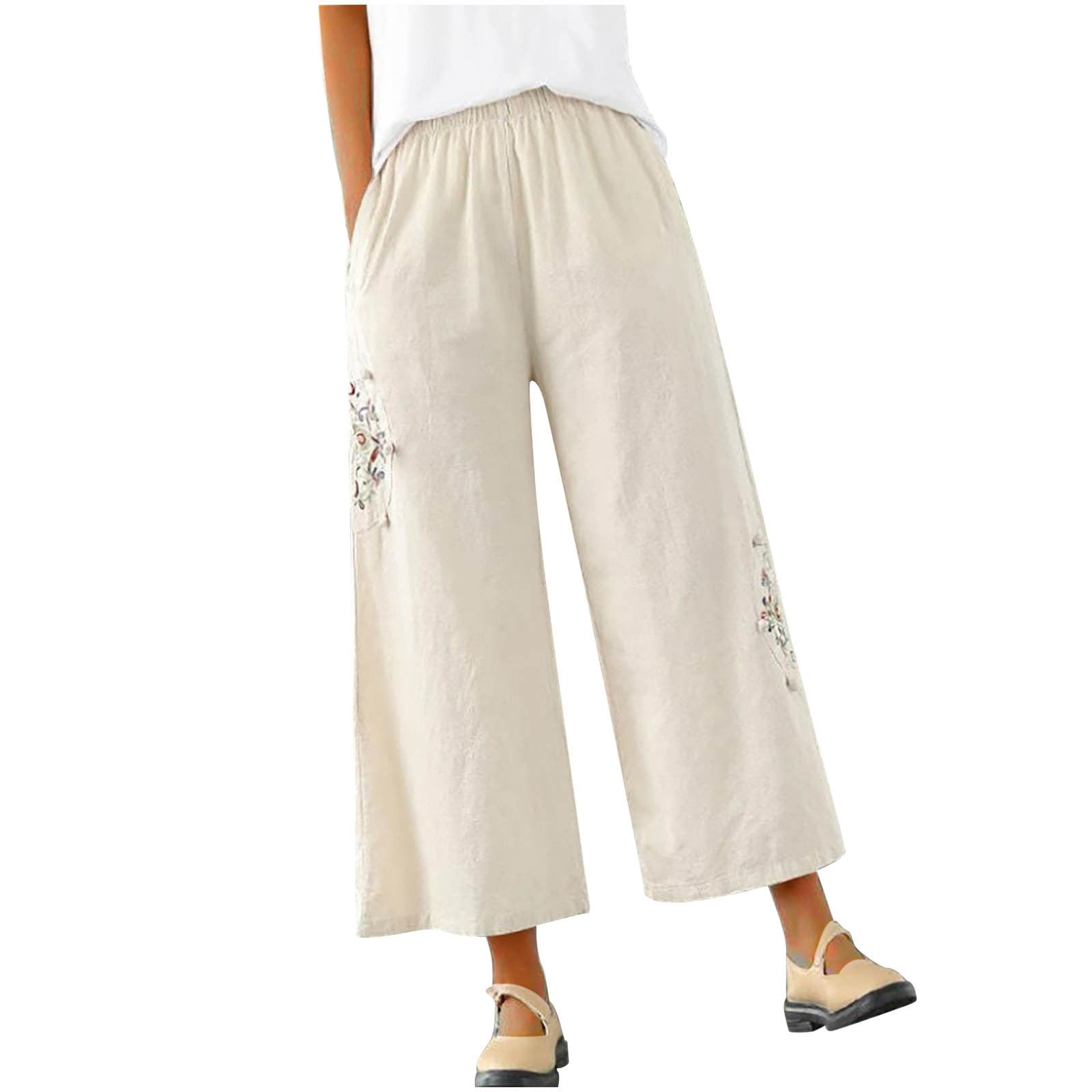 Ameiaea Womens Cotton Linen High Waisted Pants Solid Color Casual