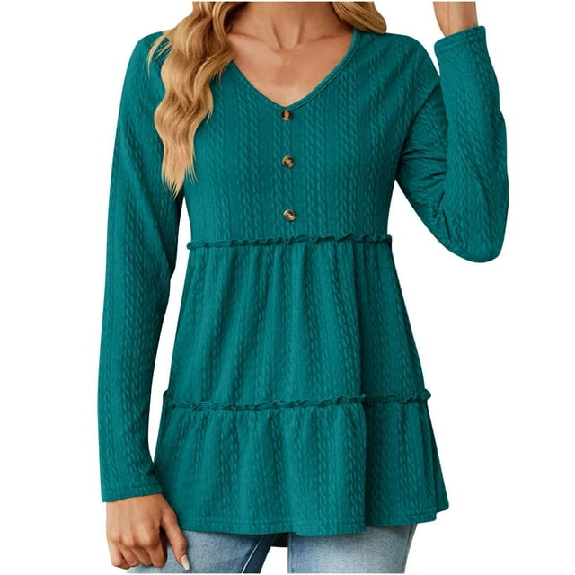 amelAEA Women's Summer Long Sleeve Tunic Tops Pleated V Neck Blouses ...