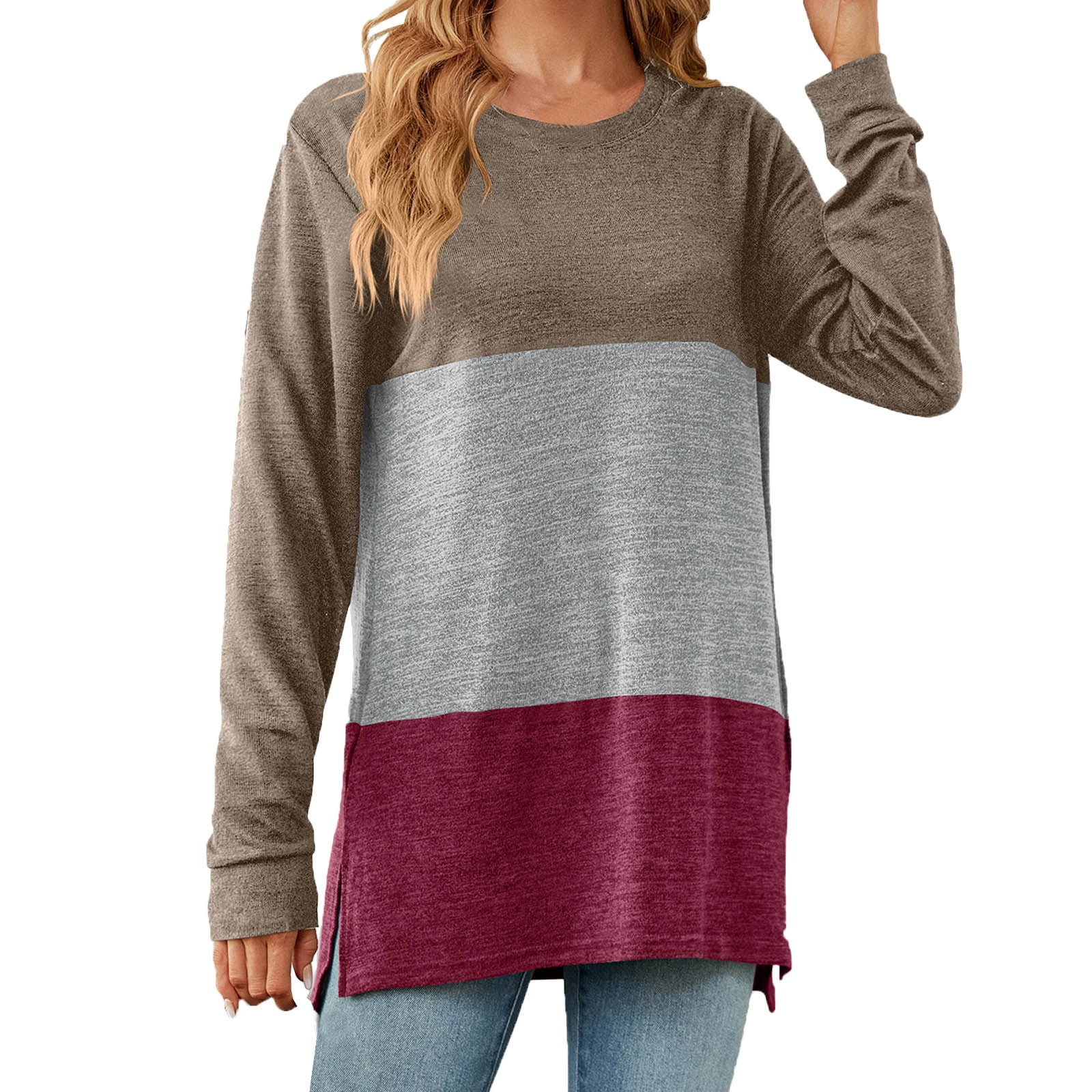 ameIAEA Womens Long Sleeve T Shirts Round Neck Color Block Casual ...