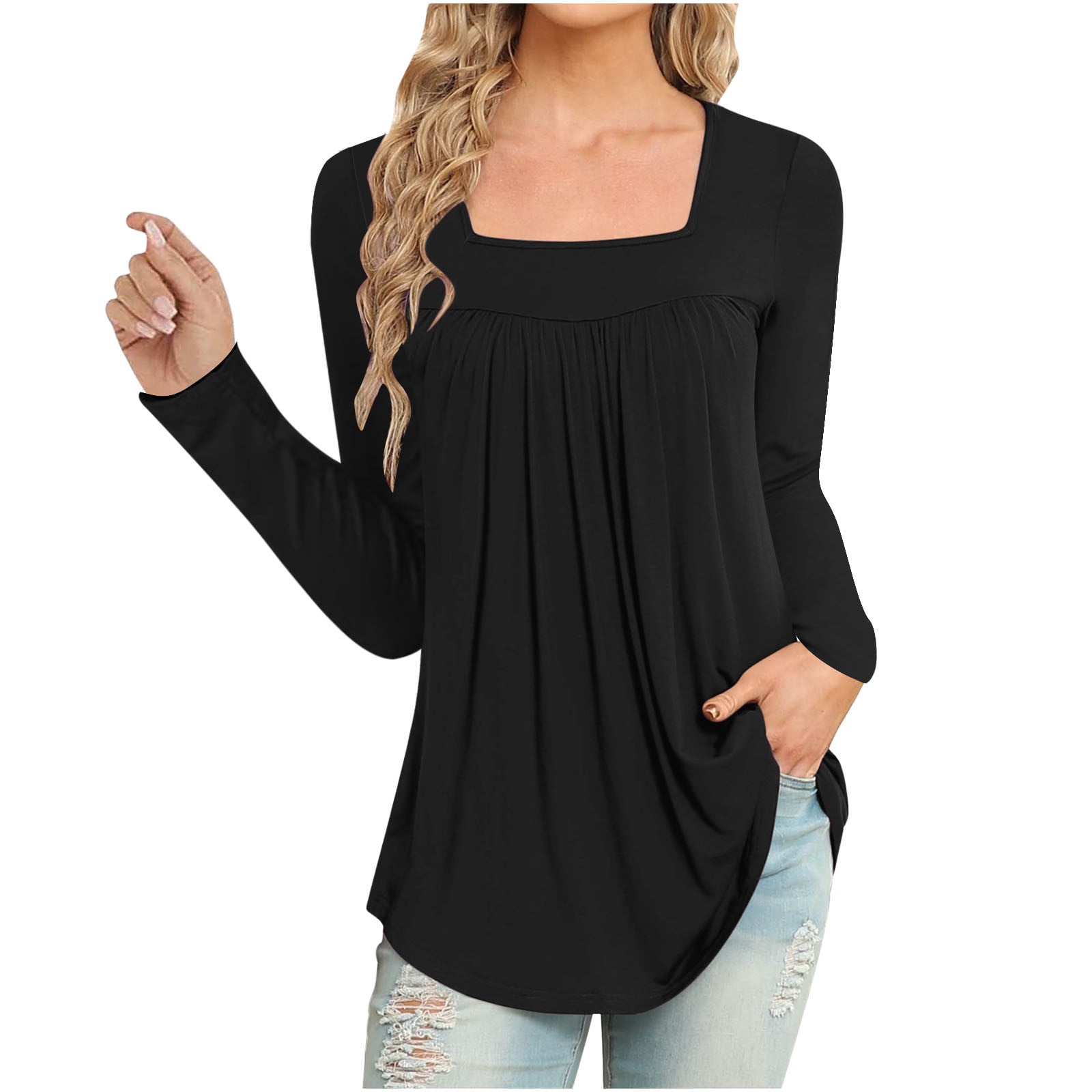 ameIAEA Womens Long Sleeve Tunic Tops Ruffle Solid Color Shirts Square ...