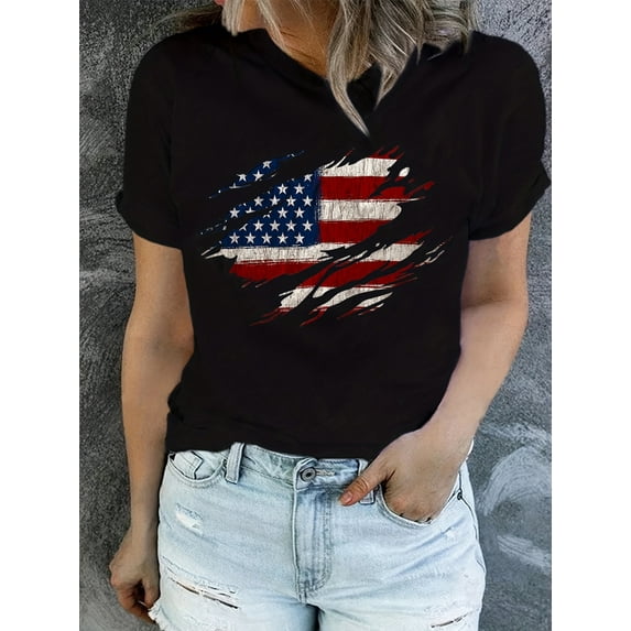 american flag Print T-Shirt, Independence Day Short Sleeve Crew Neck ...