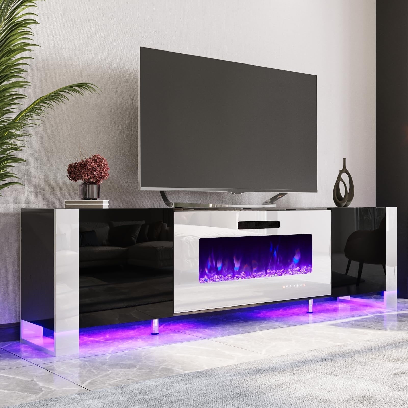 Amerlife Fireplace Tv Stand, 80" Entertainment Center Led Lights, Black ...