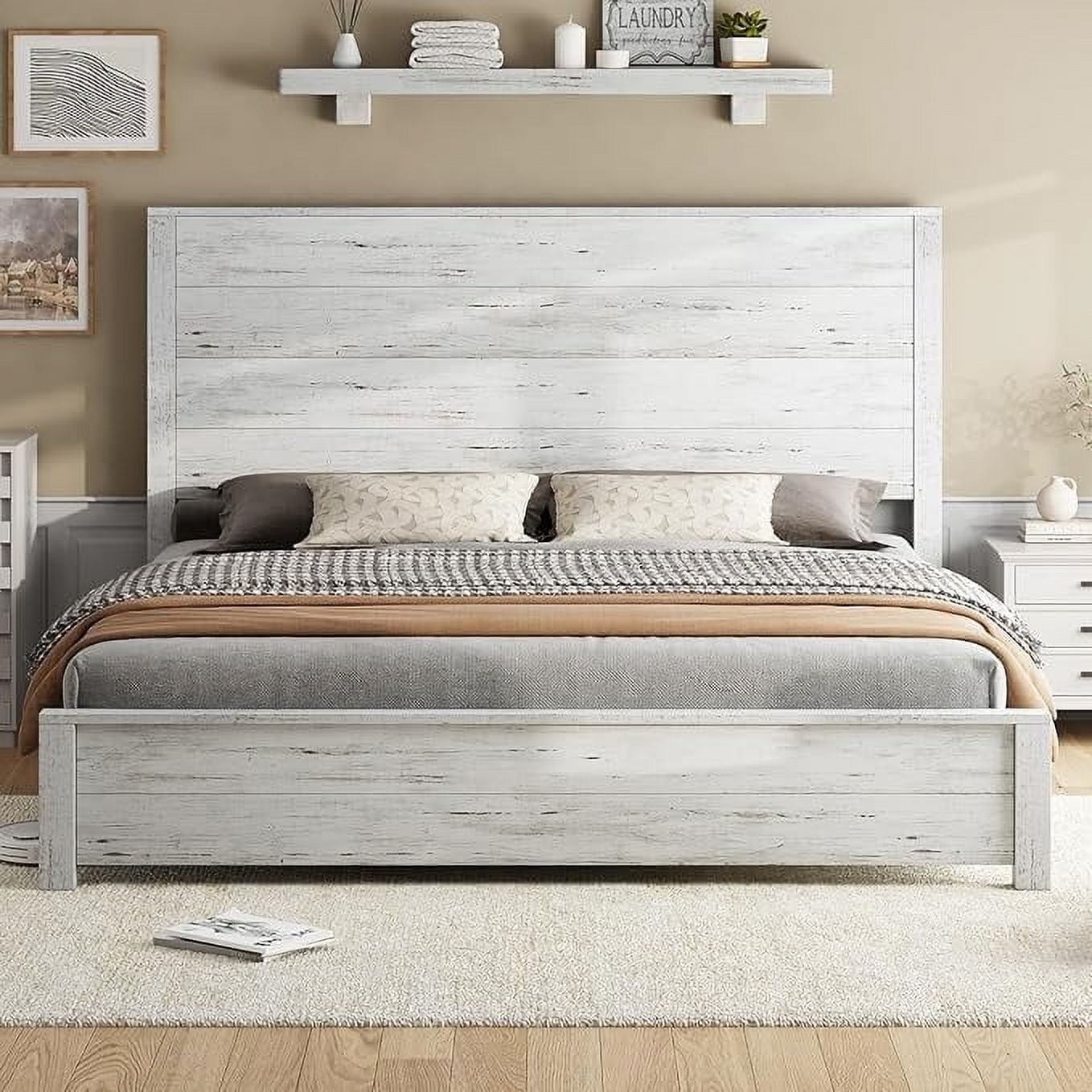 amerlife King Size Wood Platform Bed, Rustic Frame with 51.2" Slatted ...
