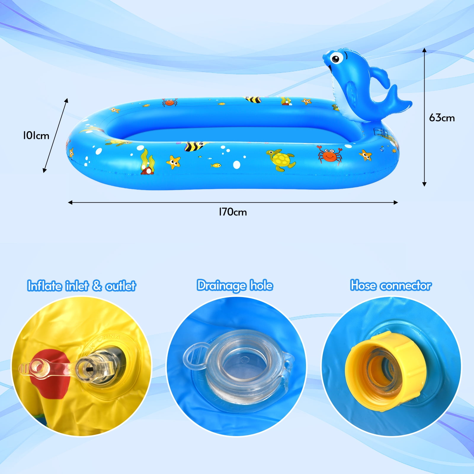 ametoys Cute Dolphin Inflatable Sprinkler Pool for 170 * 101cm/ 67 ...