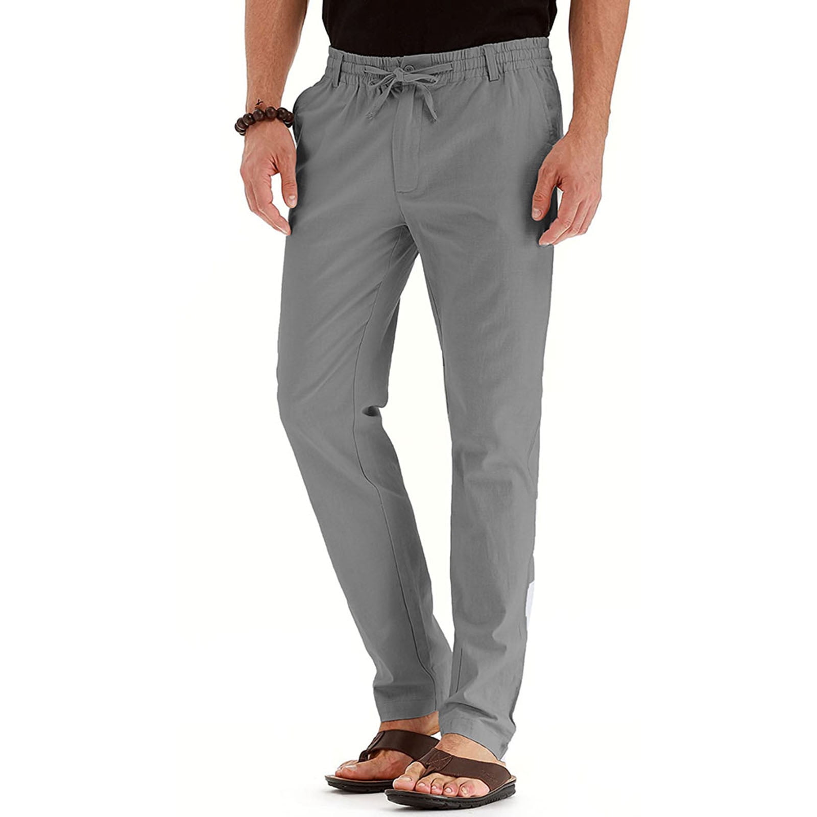 amidoa Mens Solid Color Cotton Pants Elastic Waist Drawstring Slacks ...