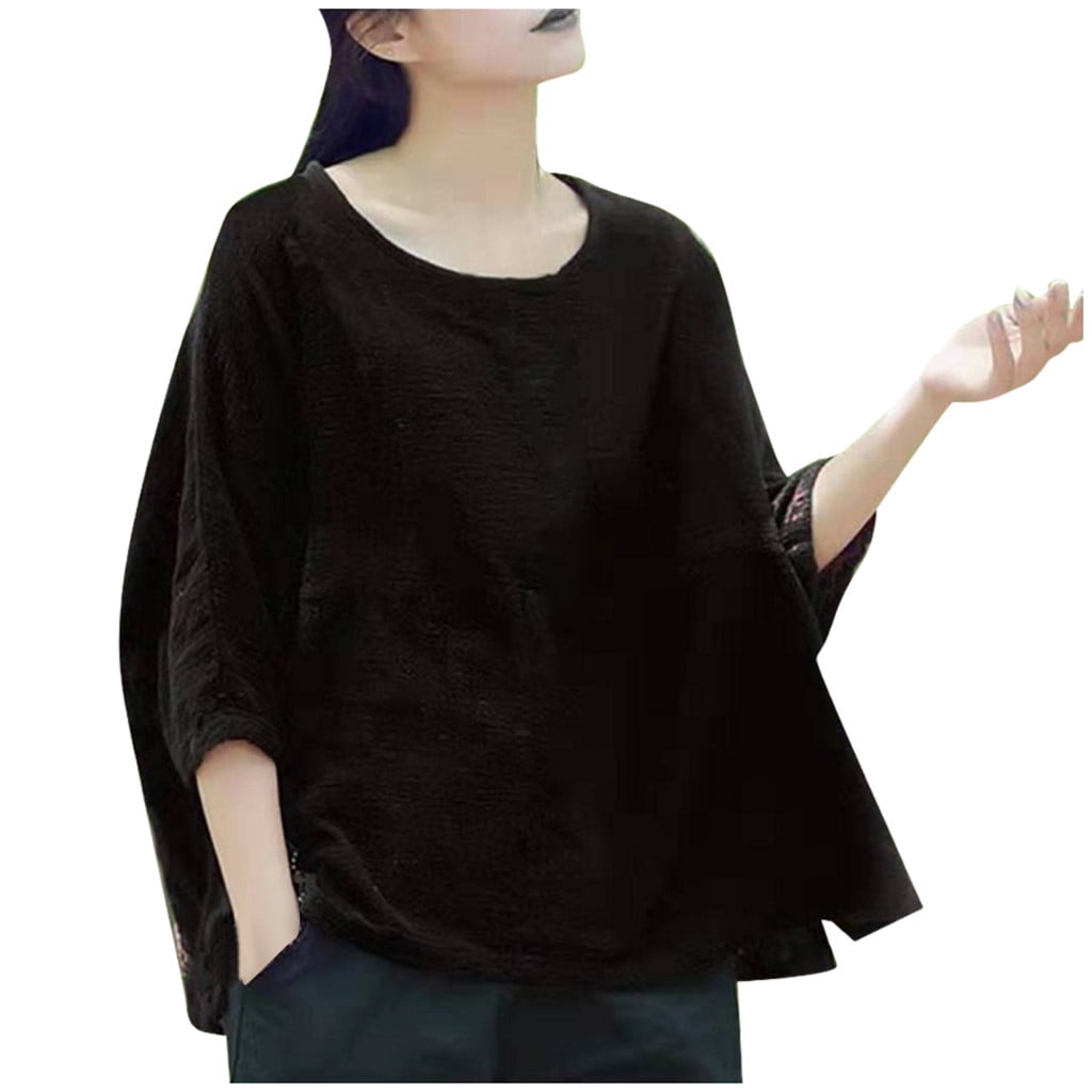 amkenre Boho Tops for Women Summer 3/4 Sleeve Round Neck Solid Color ...