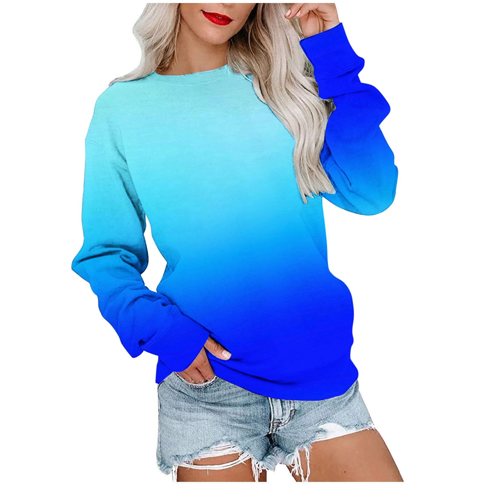 amkenre Jumpers for Women Long Sleeve Solid Color Gradient Round Neck ...
