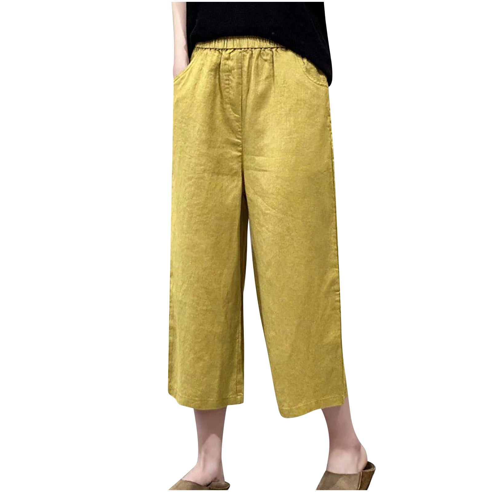 amkenre Linen Pants Cargo Women Cotton Causal Wide Leg Plus Size Capris ...