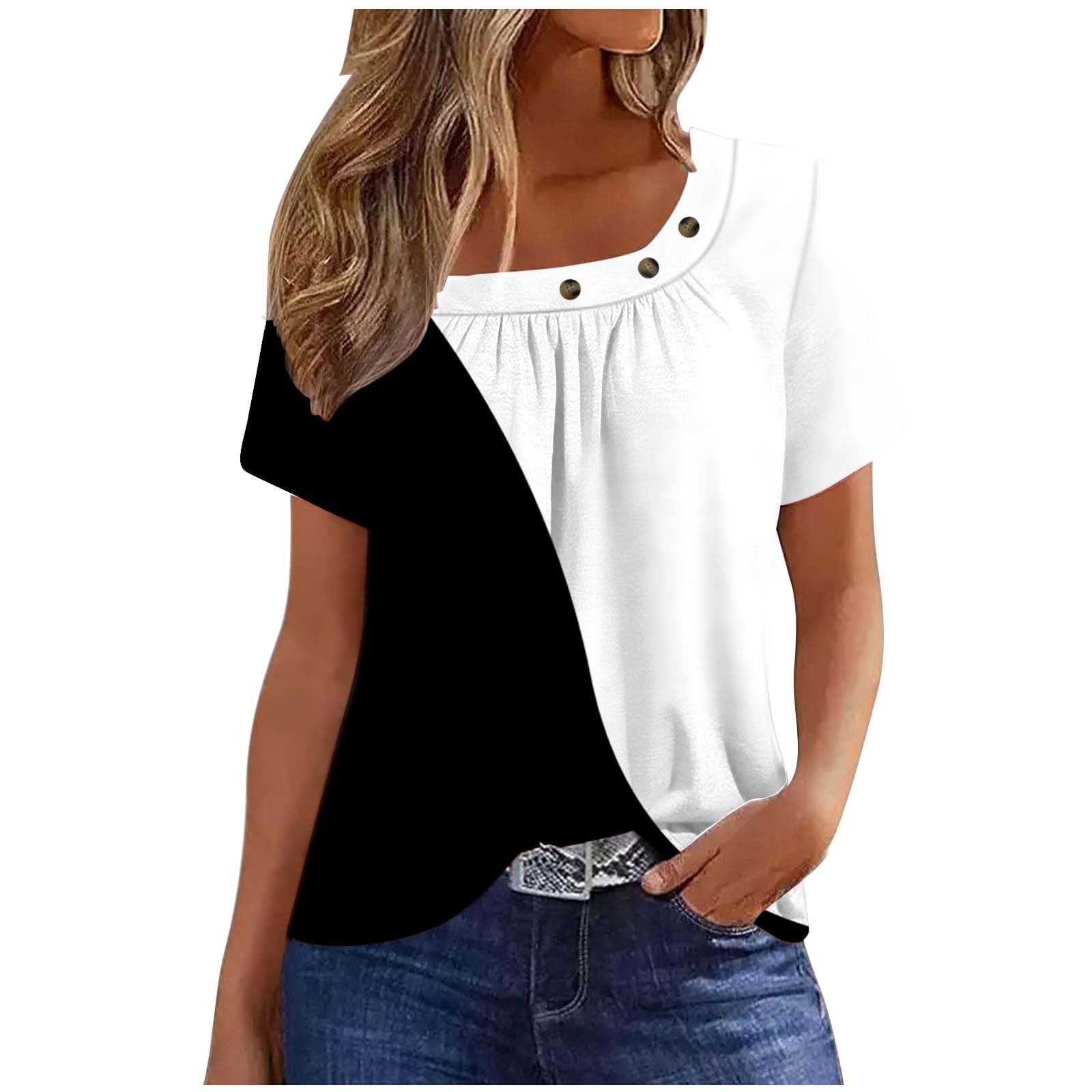 amkenre Plus Size Tops for Women Solid Color Short Sleeve Round Neck ...