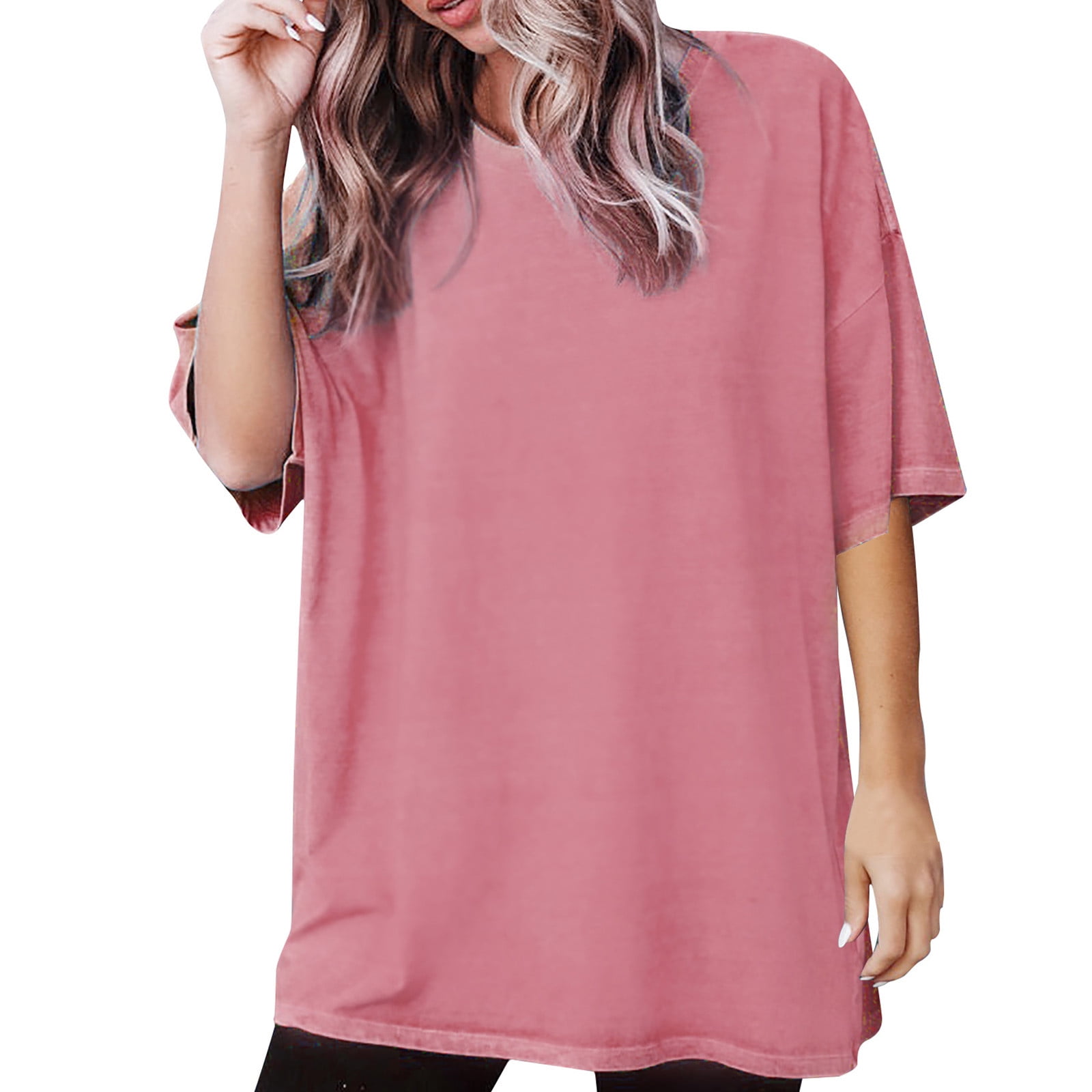 amkenre Summer Tops for Women Blouses Solid Colour Round Neck Half Sleeve Tees Loose Fit ...