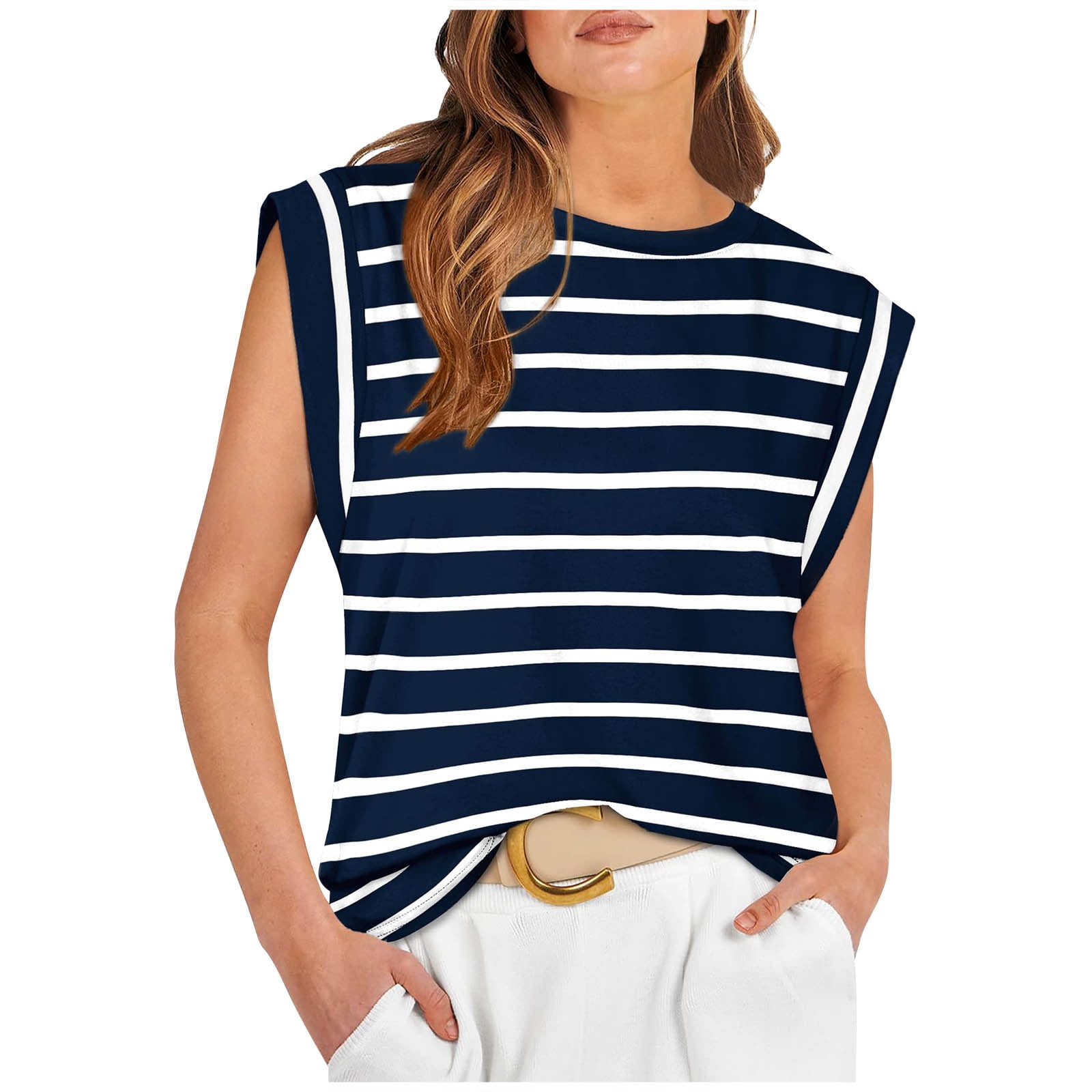 Amkenre Womens Ladies Summer Tops Solid Color Sleeveless Crew Neck Striped Shirts Casual Loose