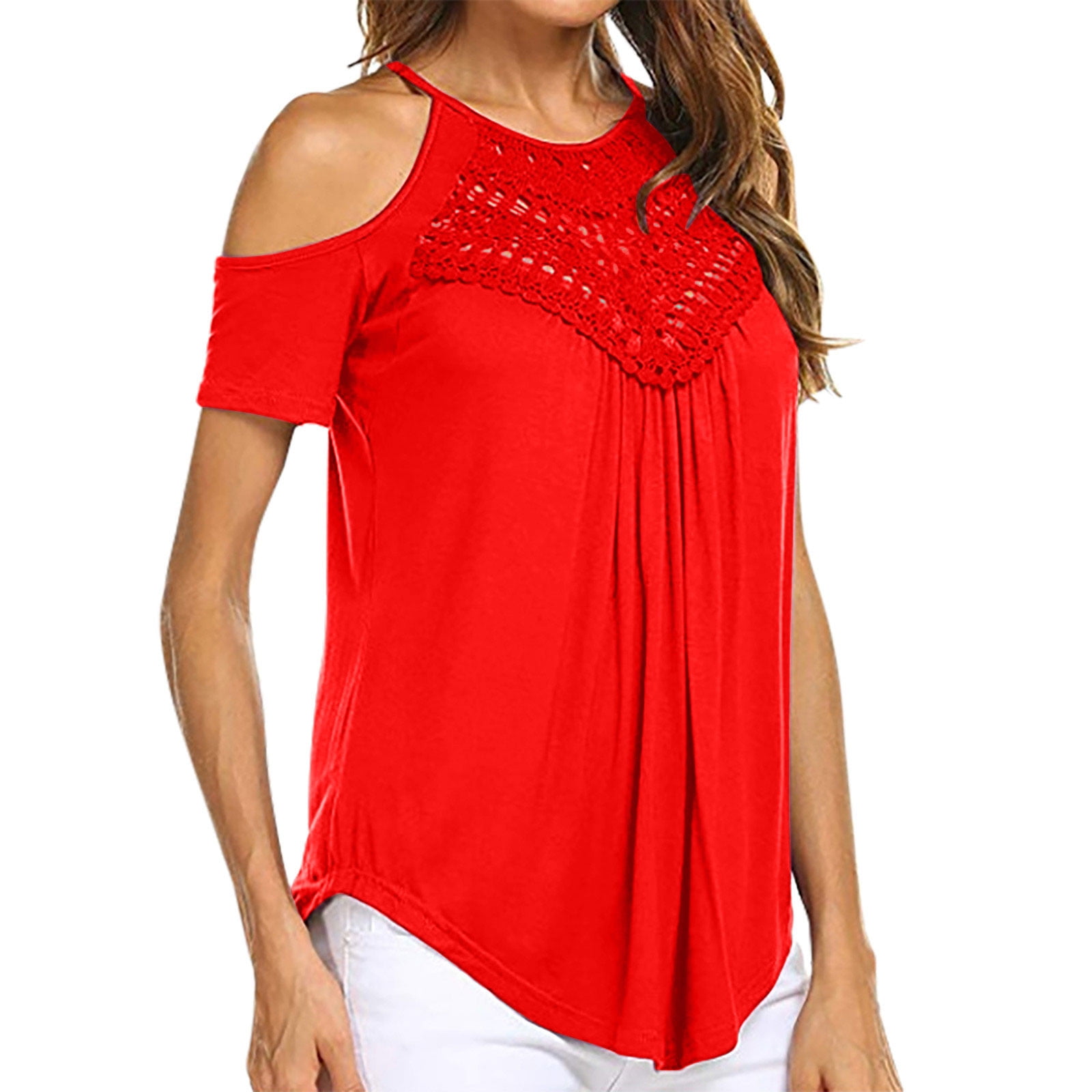 amkenre Womens Summer Tops Elegant Hollow Out Solid Shirt Lace Round ...