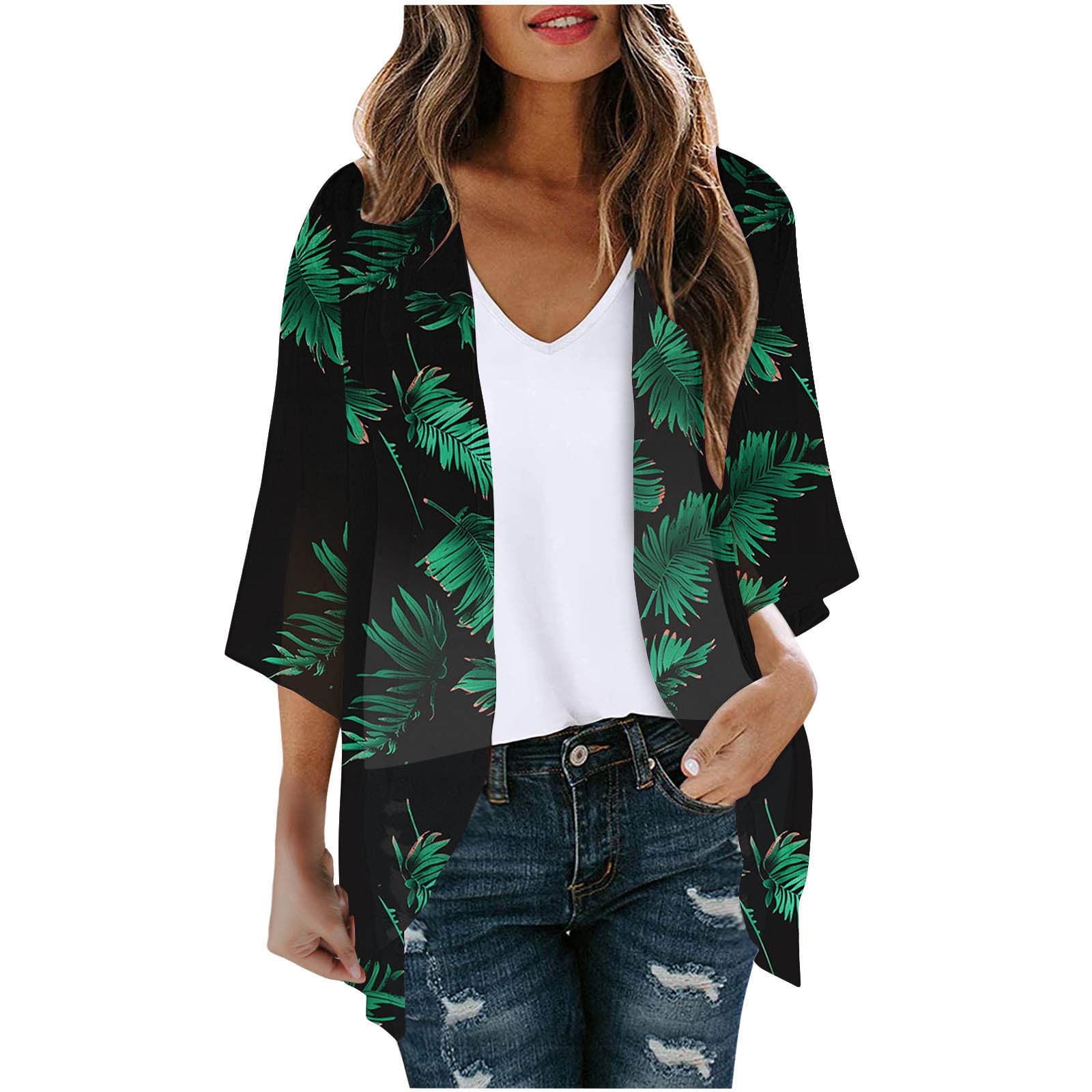 amkenre Womens Summer Tops Long Sleeve Solid Hawaiian Printed Cardigan ...