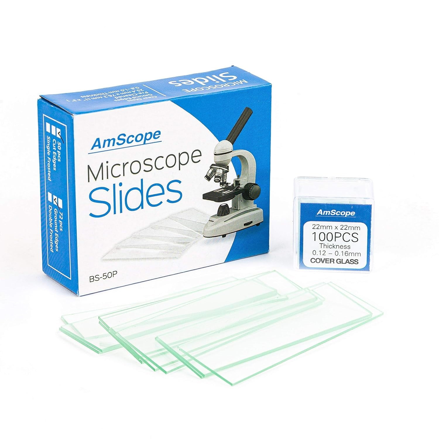 amscope 50 pre-cleaned blank microscope slides and 100 22x22mm square ...