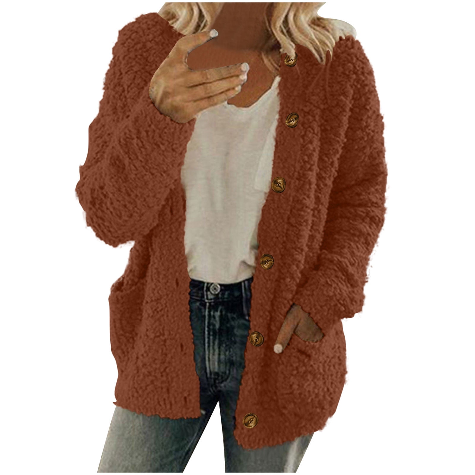 aohooy Cardigan with Gold Buttons for Women Sherpa Fleece Cardigans ...