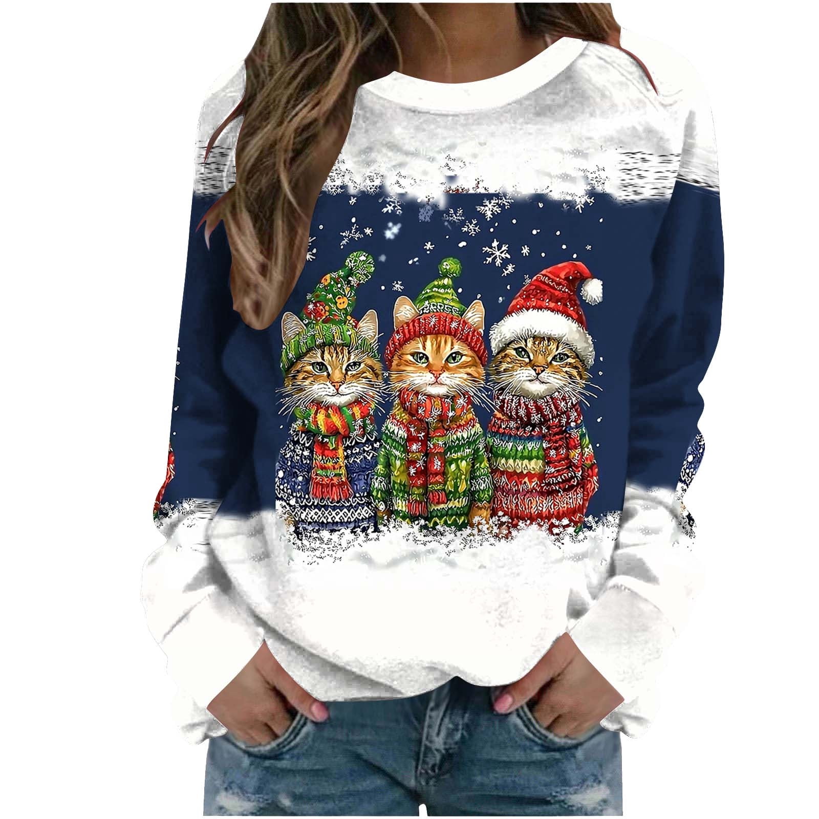 aohooy Christmas Cat Sweatshirts for Women 2025 Festival Party Pullover ...