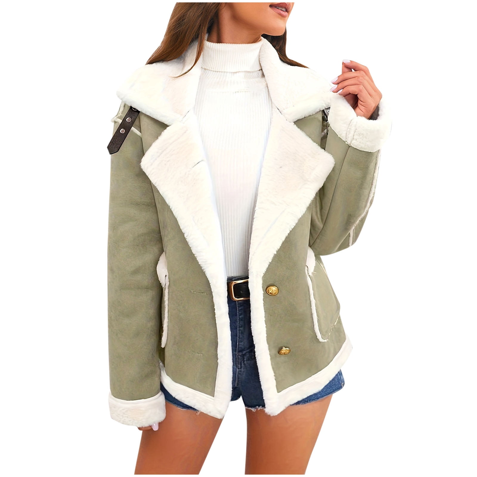 aohooy Faux Suede Lightweight Jacket Women - Lapel Button Down Sherpa ...