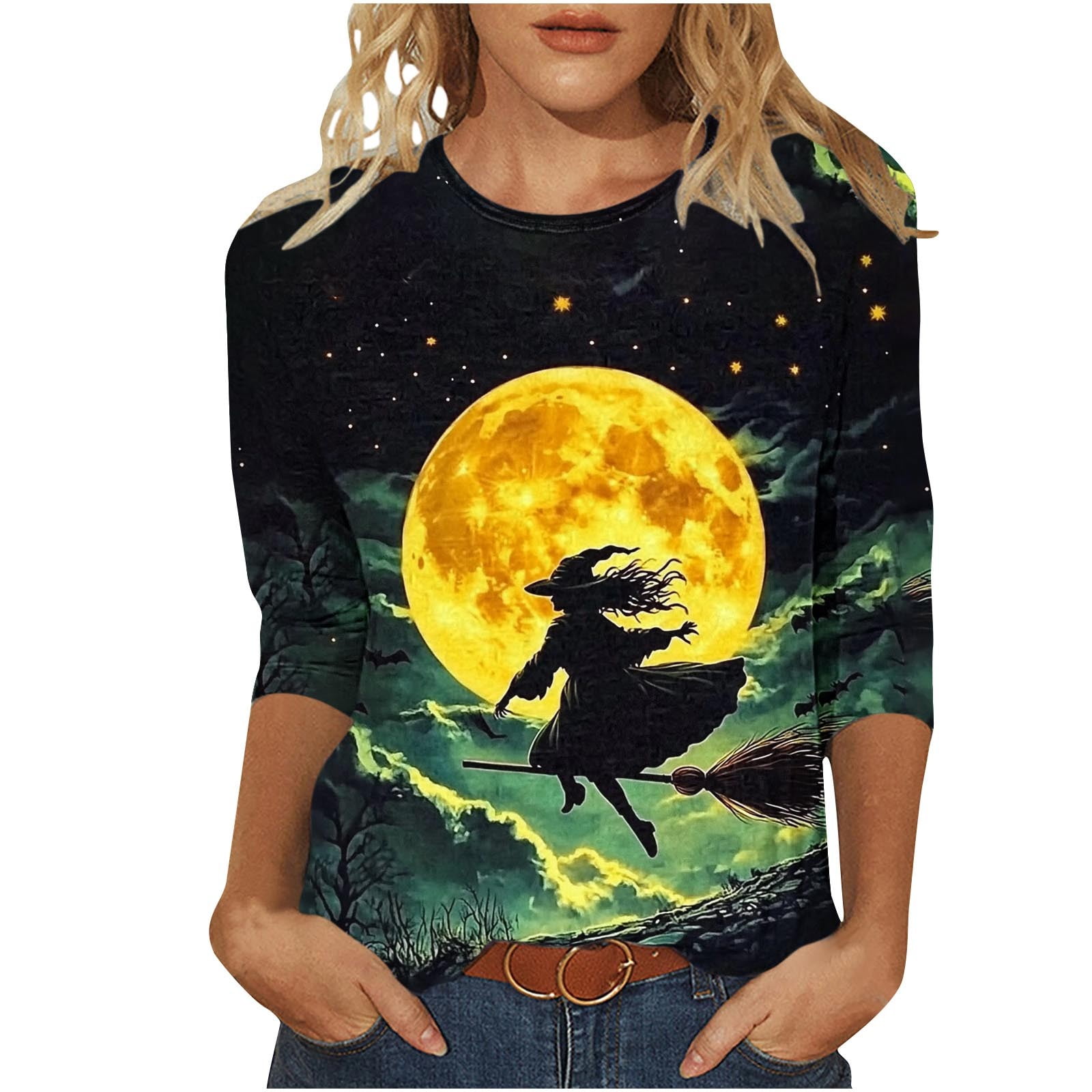 aohooy Halloween Tshirts Women Plus Size Ghost Witch Pumpkin Print 3/4 ...