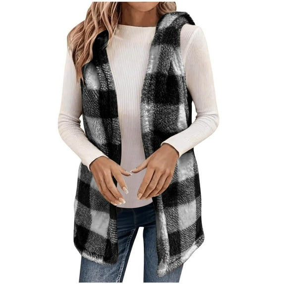 aohooy Hooded Sweater Vest Women Plaid Open Front Sherpa Trendy Vests ...