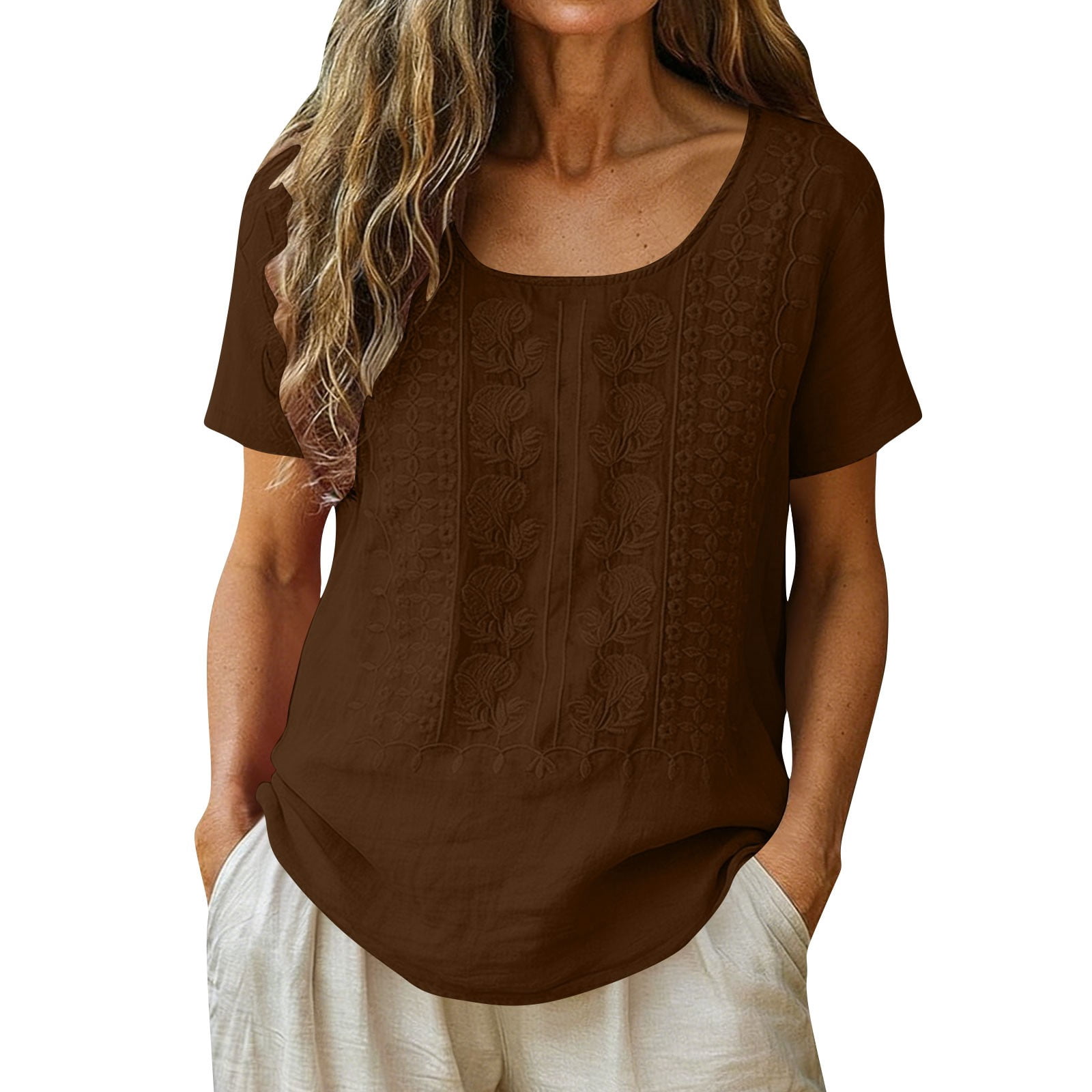 aohooy Linen Boho Tops for Women Summer Dressy Casual Short Sleeve ...