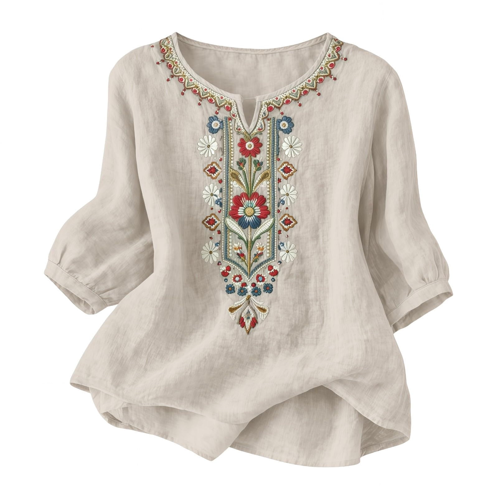 aohooy Linen Embroidered Tops for Women Summer Floral 3/4 Sleeve Boho ...