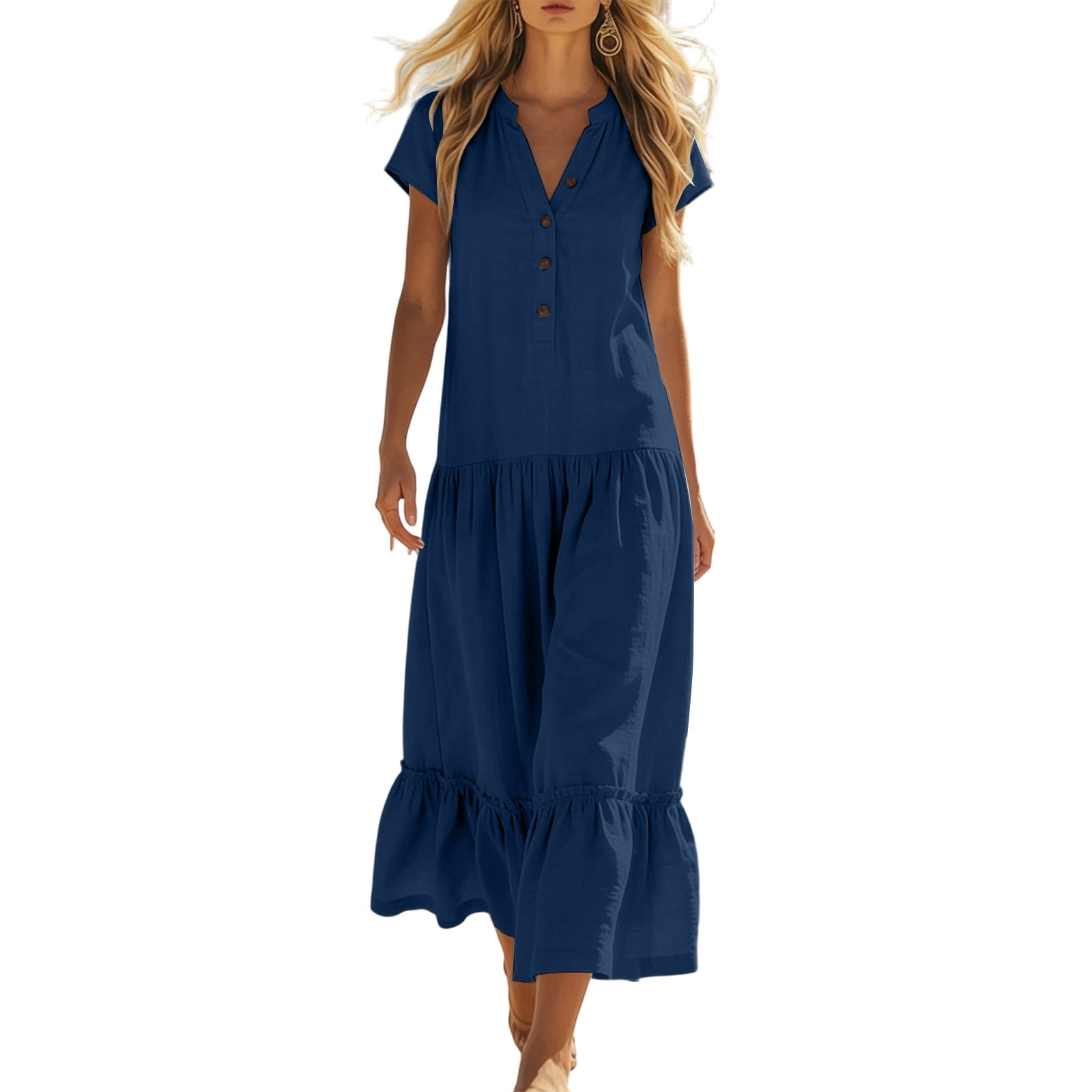 aohooy Long Dresses for Women Short Sleeve V Neck Ruffle Hem Midi Dress ...