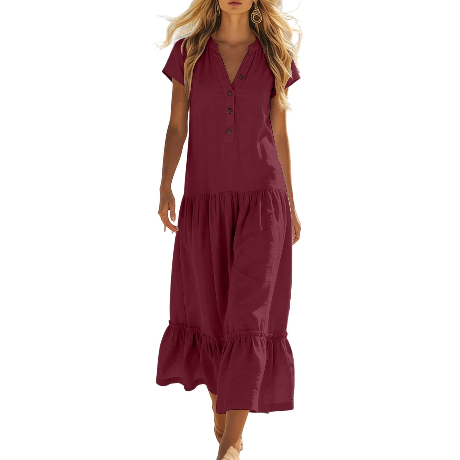 aohooy Long Dresses for Women Short Sleeve V Neck Ruffle Hem Midi Dress ...