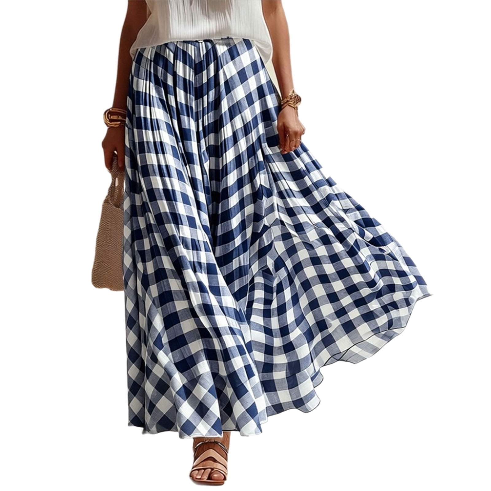 aohooy Plaid Maxi Skrits for Women Summer Flowy Boho Chekered Dreesy ...