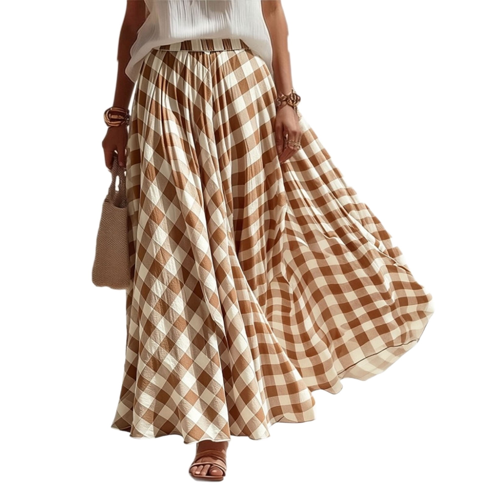aohooy Plaid Maxi Skrits for Women Summer Flowy Boho Chekered Dreesy ...