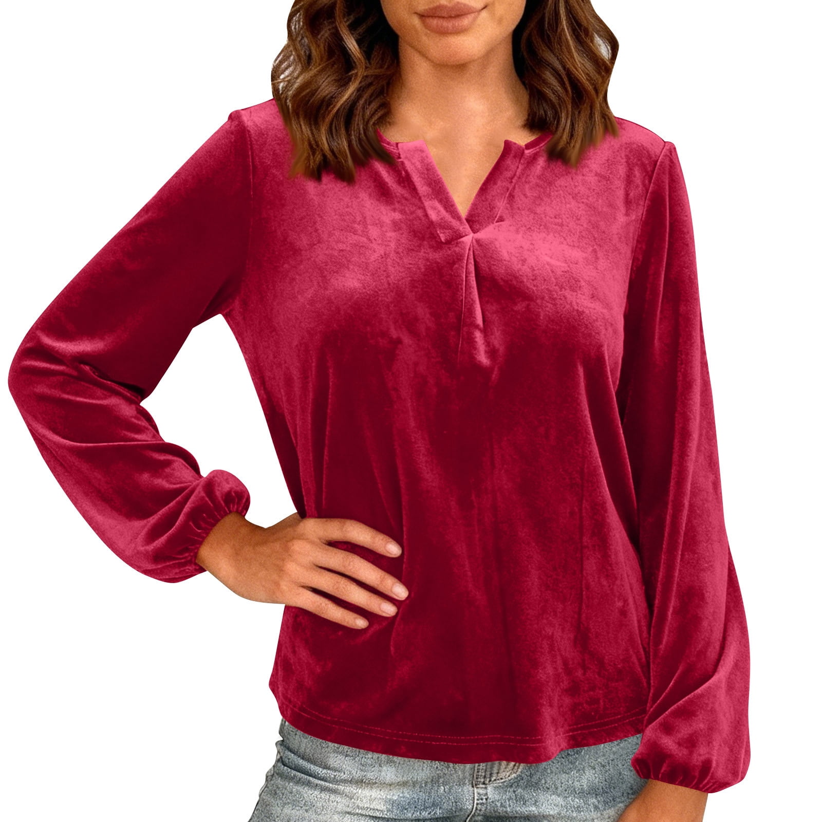 aohooy Plus Size Velour Tops for Women Dressy Henley Neck Lantern Long ...