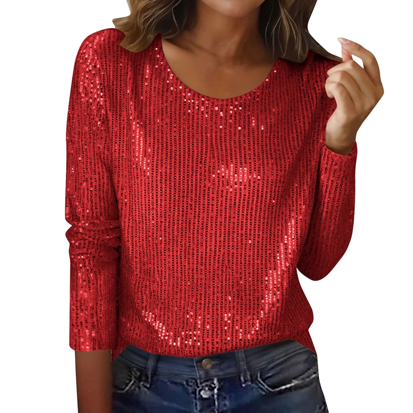 aohooy Sequin Womens Shirt Long Sleeve Shimmer Sparkle Glitter Tunic ...