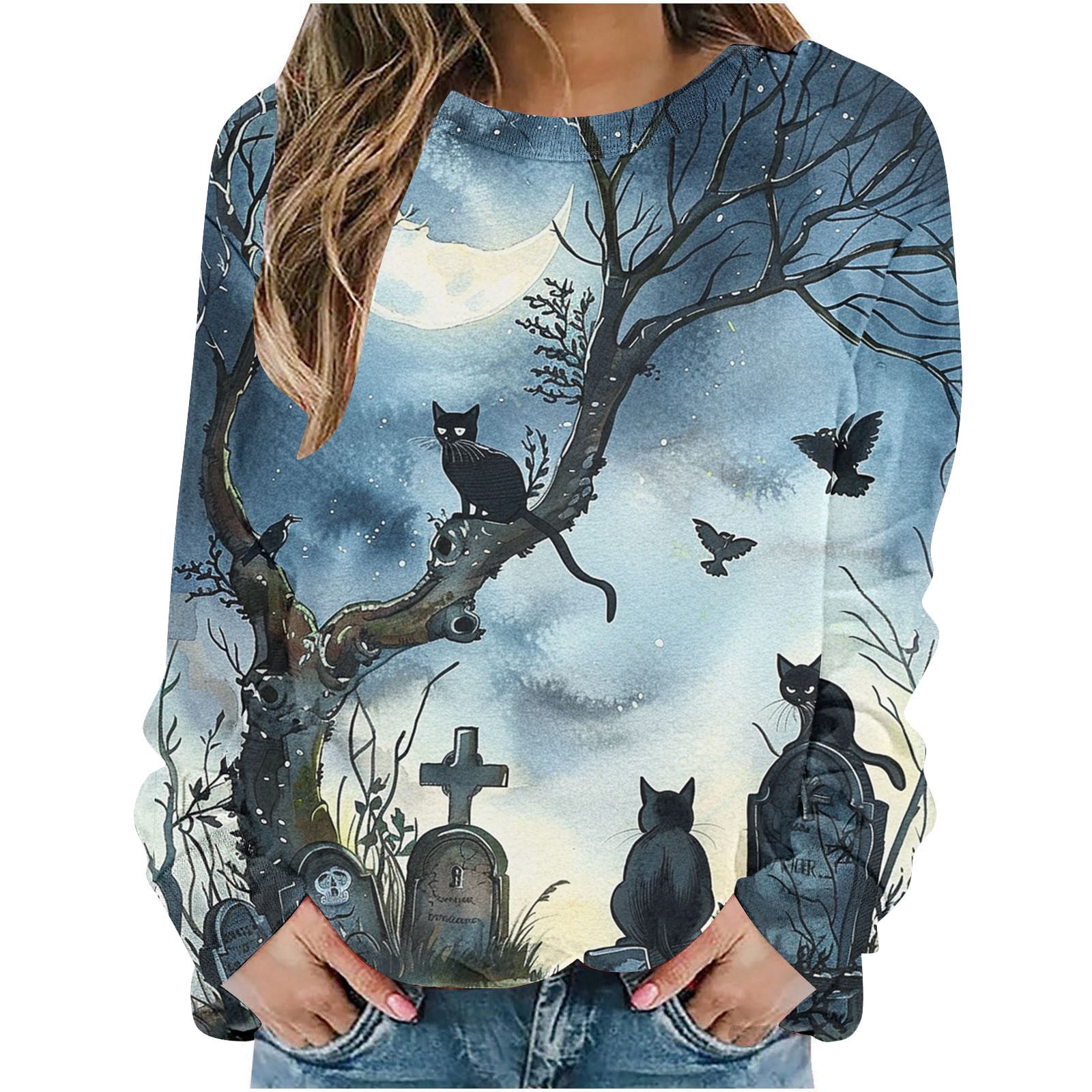 aohooy Shirts for Halloween Women 2025 Crewneck Casual Long Sleeve Fall ...