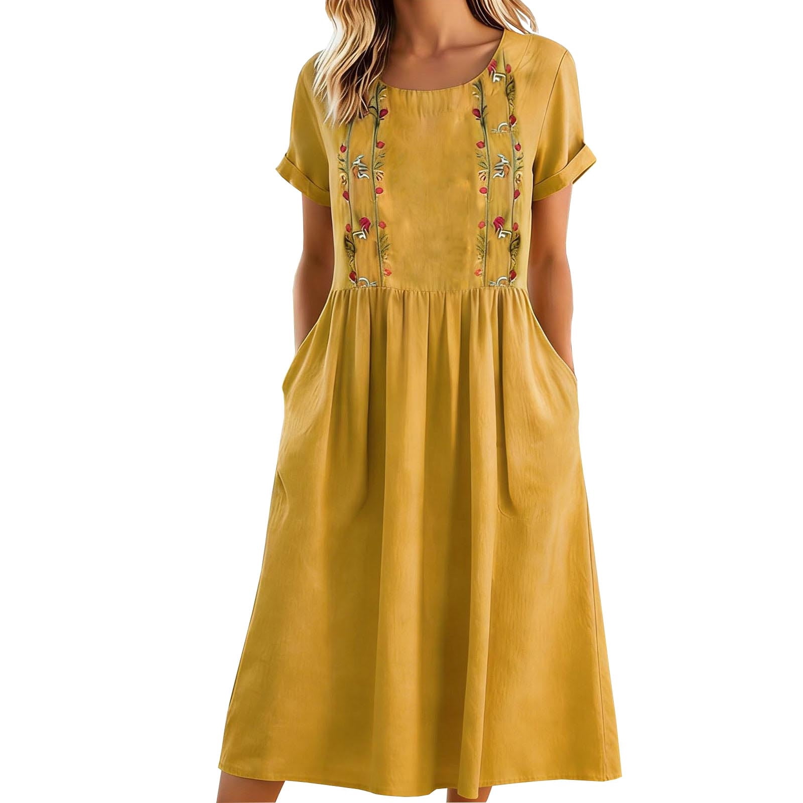 aohooy Short Sleeve Linen Midi Dresses for Women Cotton Floral ...