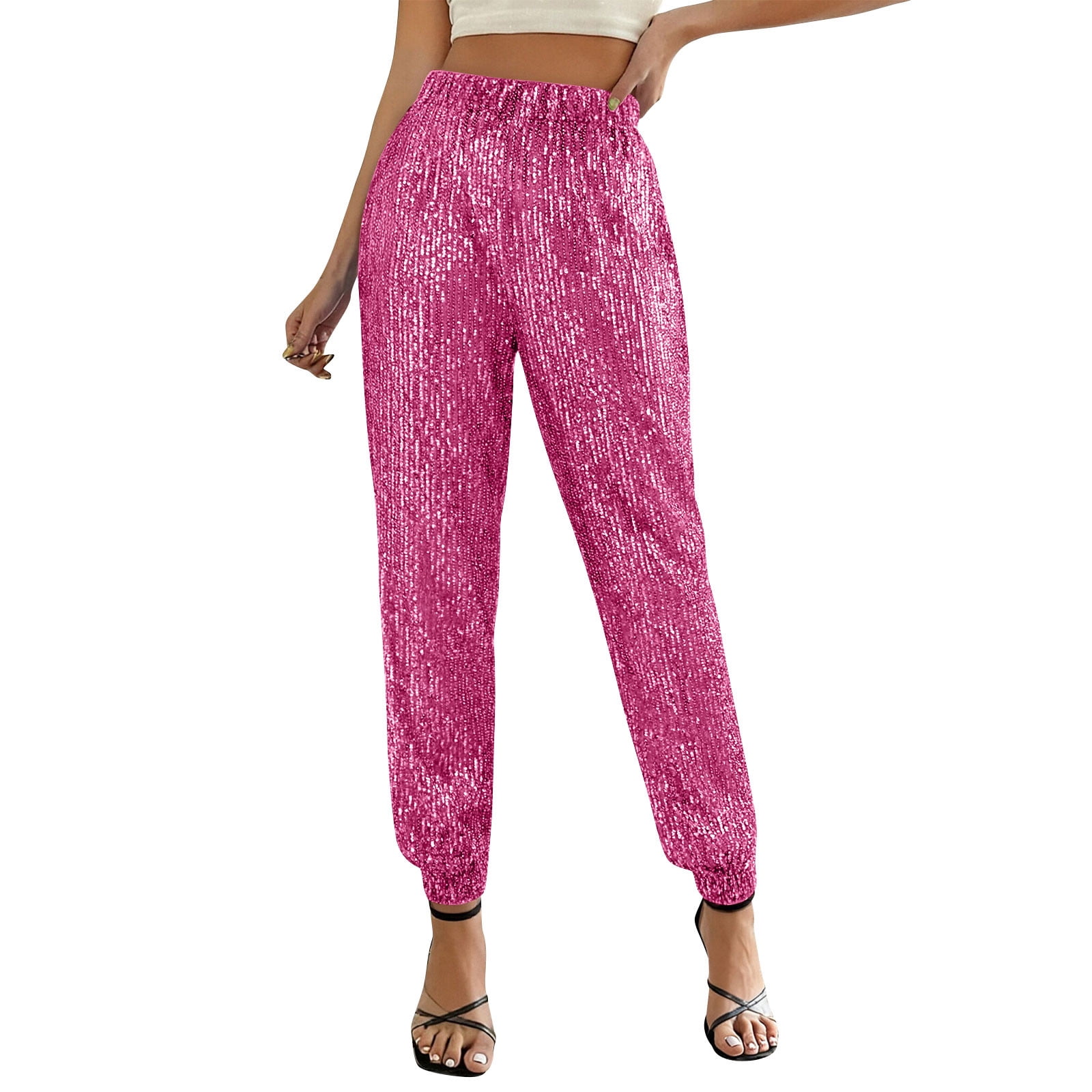 aohooy Sparkle Pants Women Elastic High Waisted Joggers Holiday Party ...