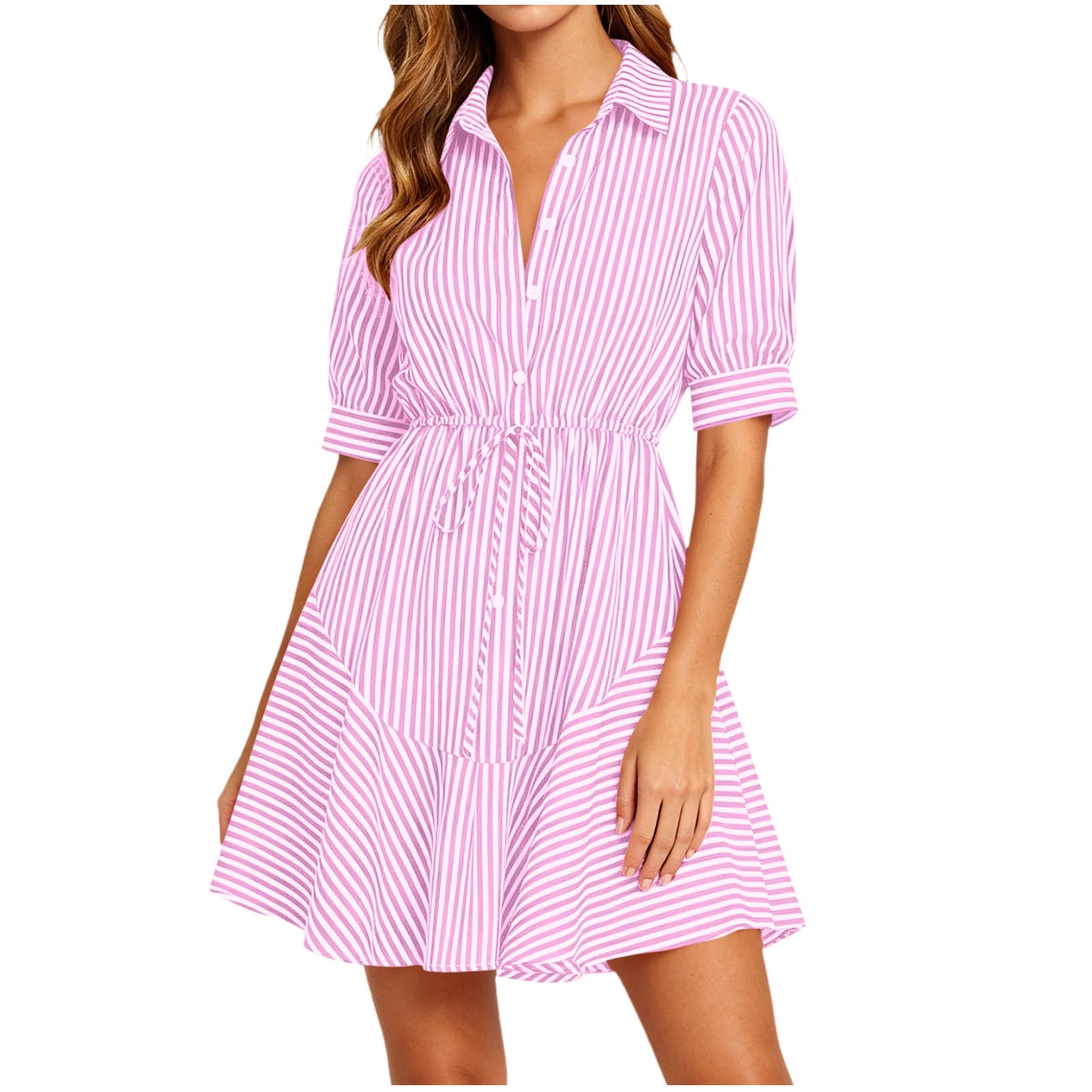 aohooy Striped Dress for Women Button Up Collared Shirt Dresses with ...