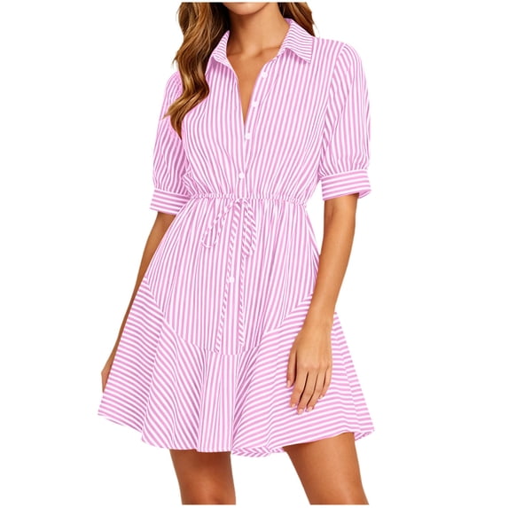 aohooy Striped Dress for Women Button Up Collared Shirt Dresses with ...