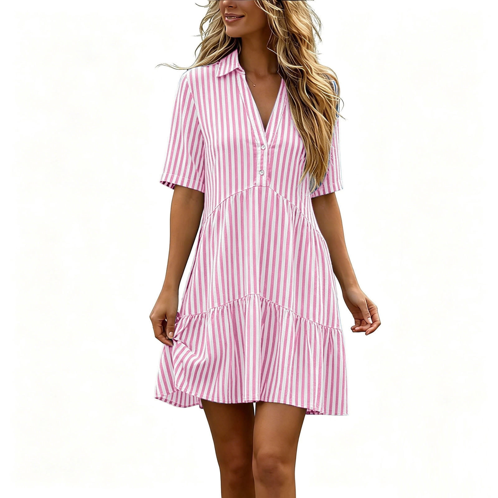 aohooy Striped Linen Dress Women Summer V Neck Short Sleeve Tiered ...