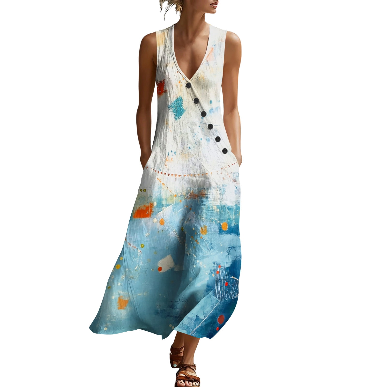 aohooy Summer Dresses for Women Trendy Sleeveless Maxi Dress V Neck ...