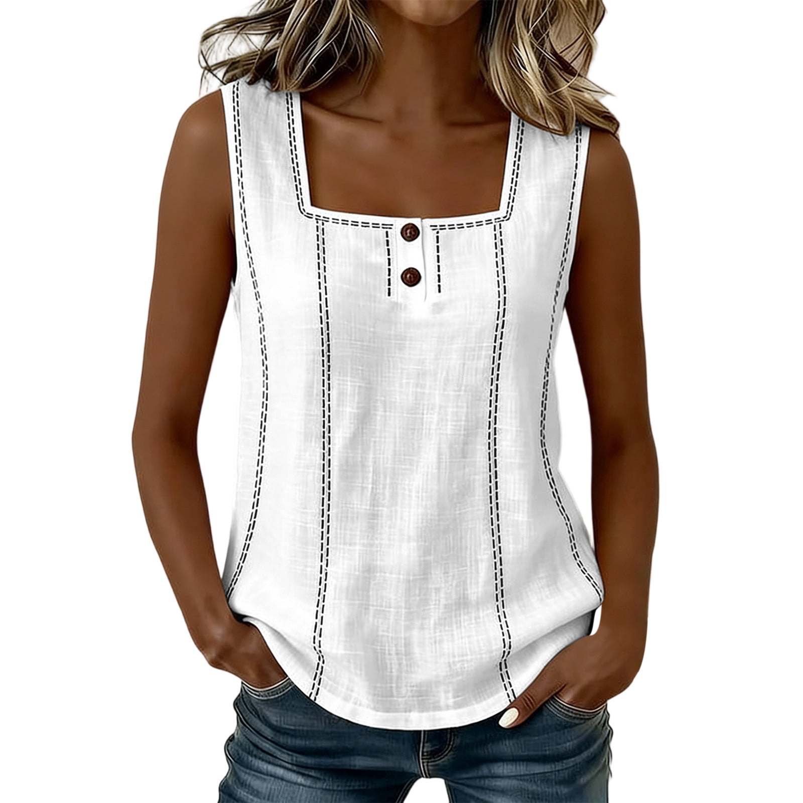 aohooy Tank Tops for Women Square Neck 2 Button Striped Sleeveless ...
