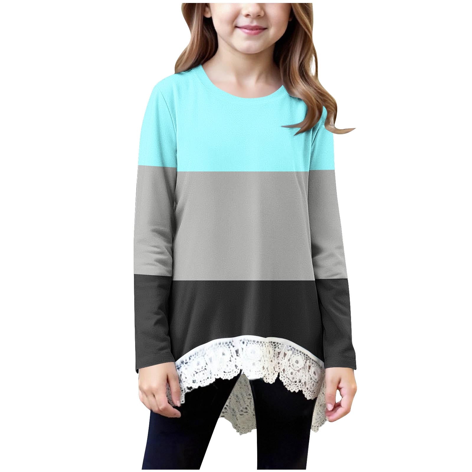 aohooy Teen Girls Tops for School Color Block Round Neck Lace Trim Hem ...