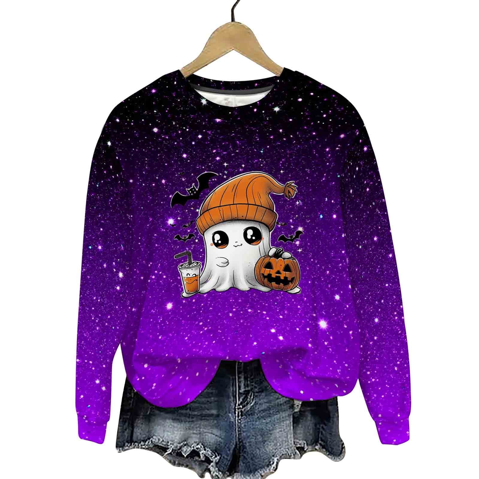 aohooy Women Halloween Tops Cute Funny Ghost Pumpkin Graphic Long ...