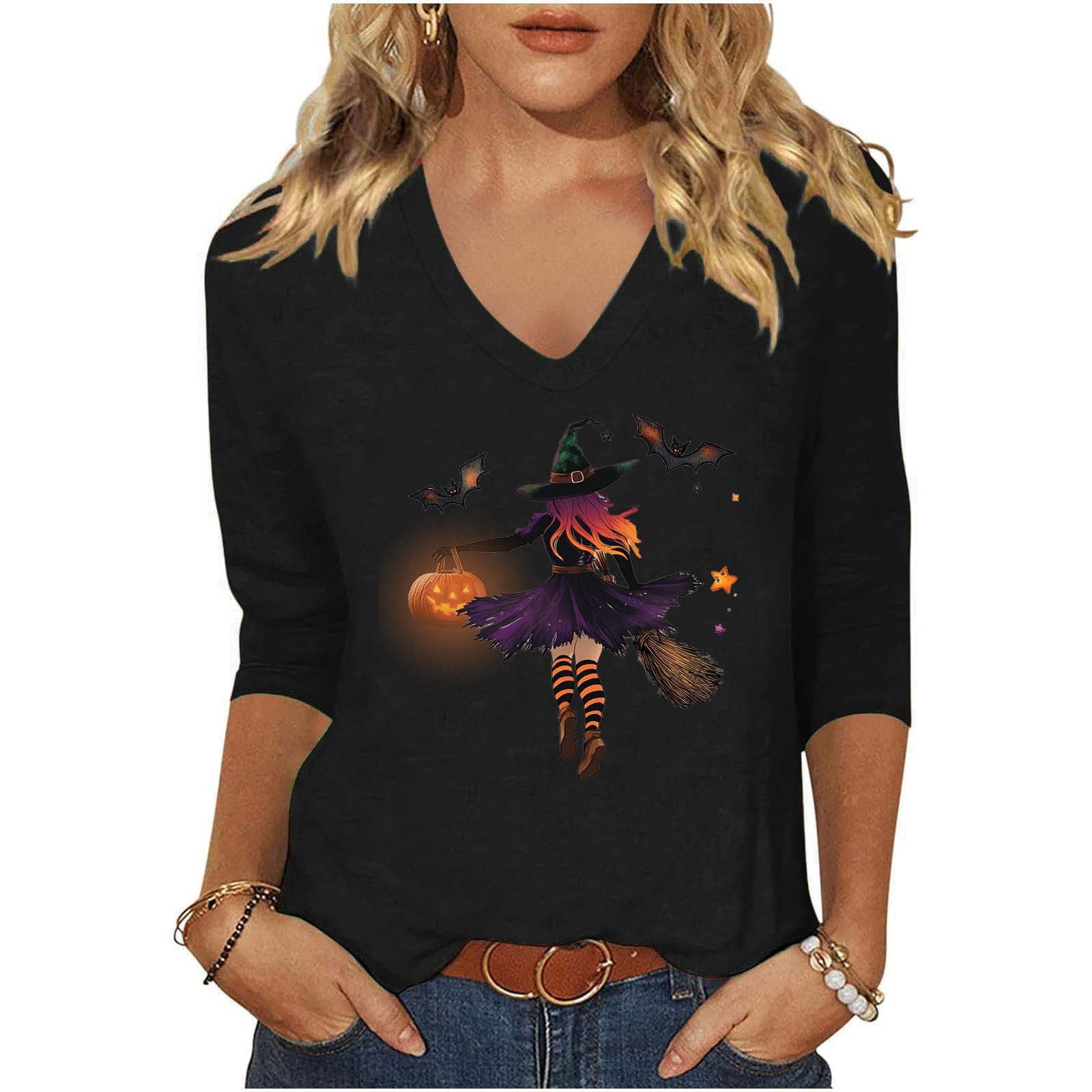 aohooy Women Halloween Tunic Loose 3/4 Sleeve Funny Graphic T-Shirts ...