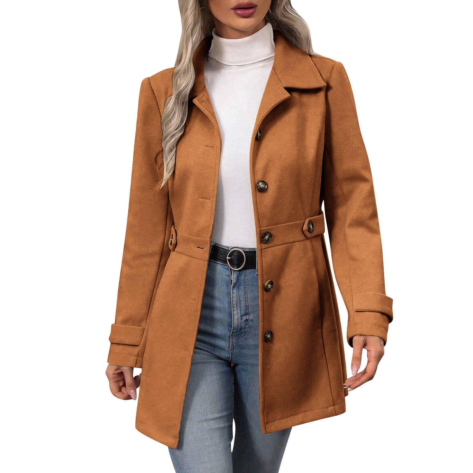 aohooy Women Pea Coat Jacket - Notched Lapel Collar Single Breasted ...
