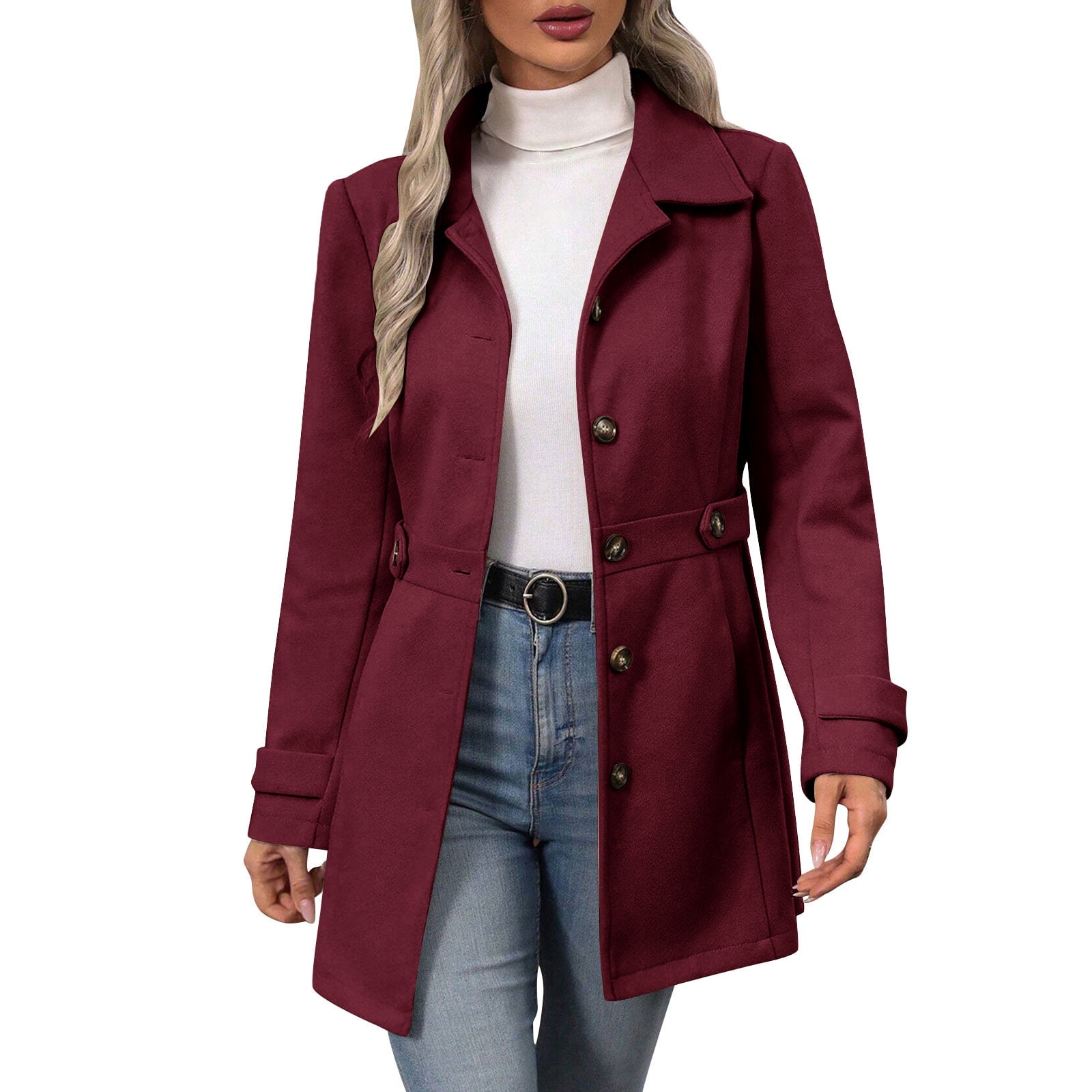 aohooy Women Pea Coat Lapel Collar Single Breasted Trench Coat Winter ...