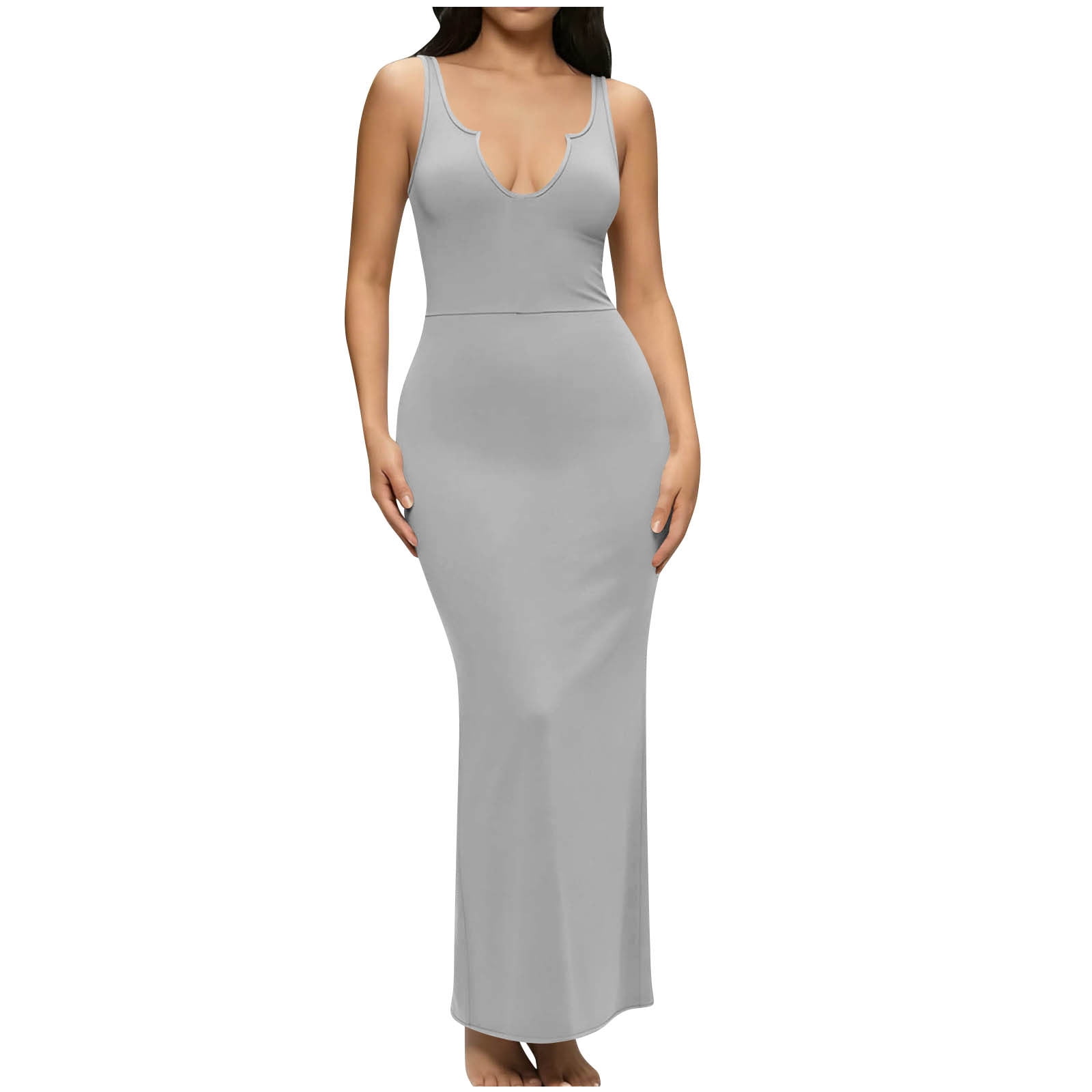 aohooy Women Plus Size Sleeveless Bodycon Maxi Dresses Elegant Slim V ...