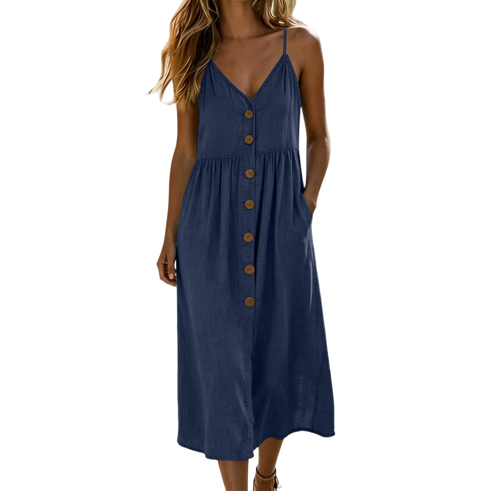 aohooy Women Spaghetti Strap Dresses V Neck Button Down Midi Dress ...