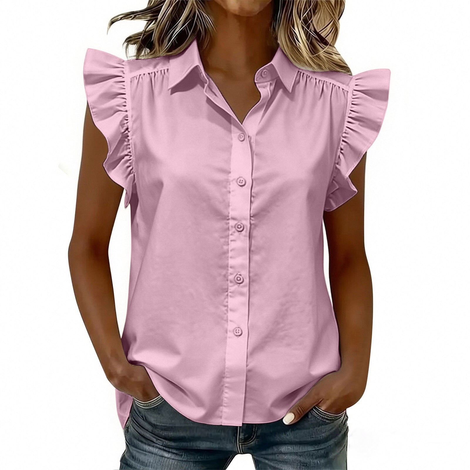aohooy Women's Casual Blouses Ruffle Cap Sleeve Button Down Shirt ...
