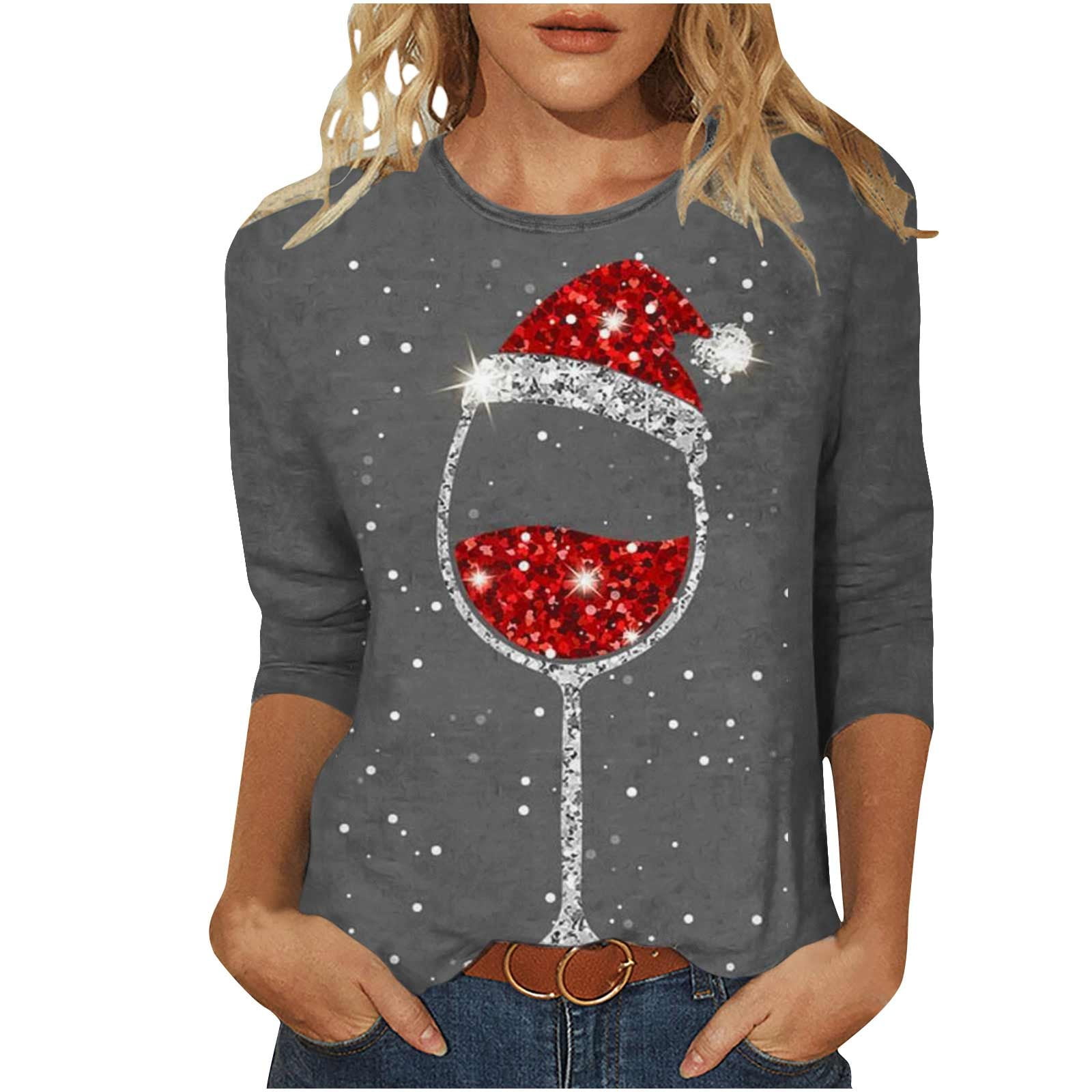 aohooy Women's Christmas Tops 3/4 Sleeve Red Wine Glass Graphic Tees Shirts Holiday Festivel ...