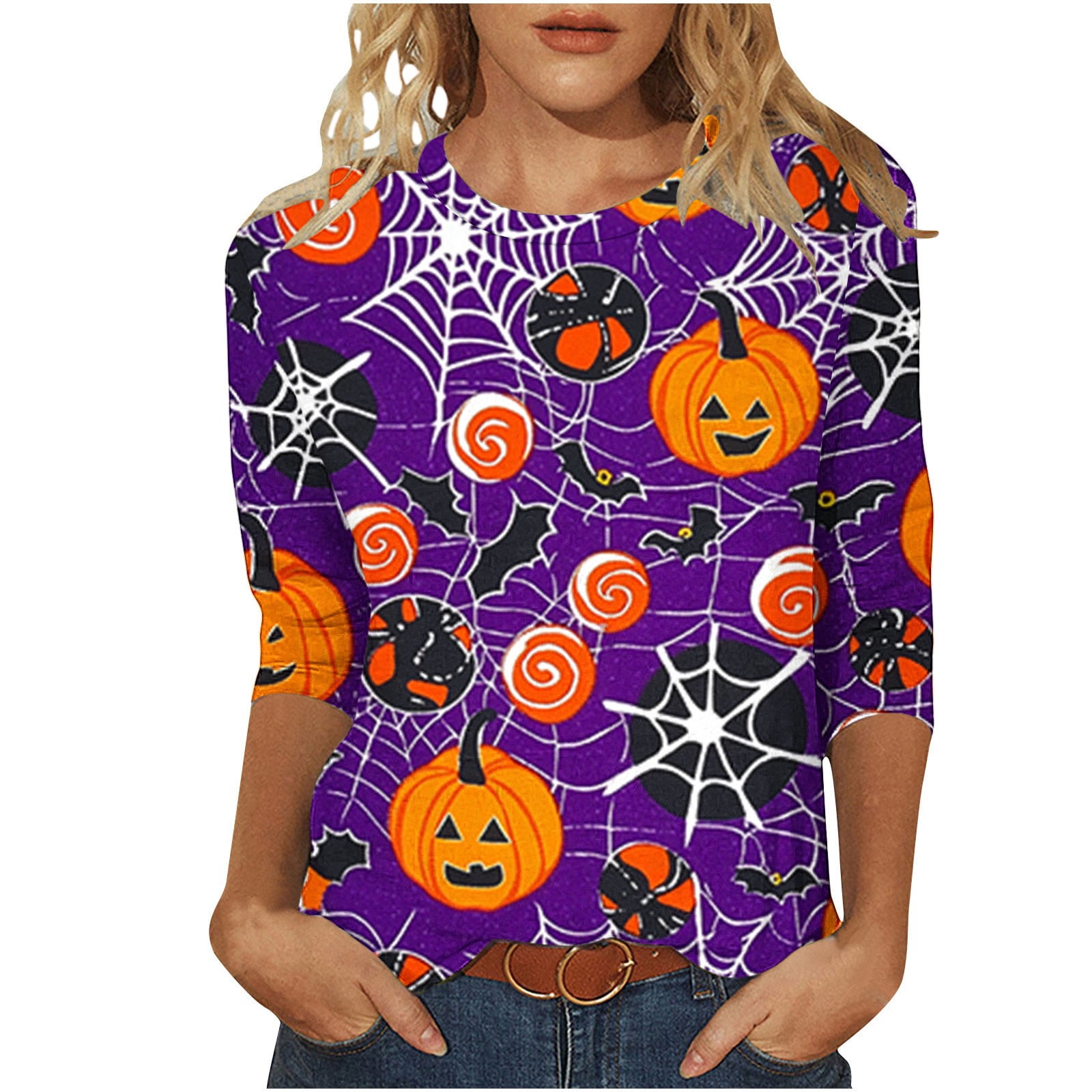 aohooy Women's Halloween Tops 2025 3/4 Sleeve Funny Graphic T-Shirts ...